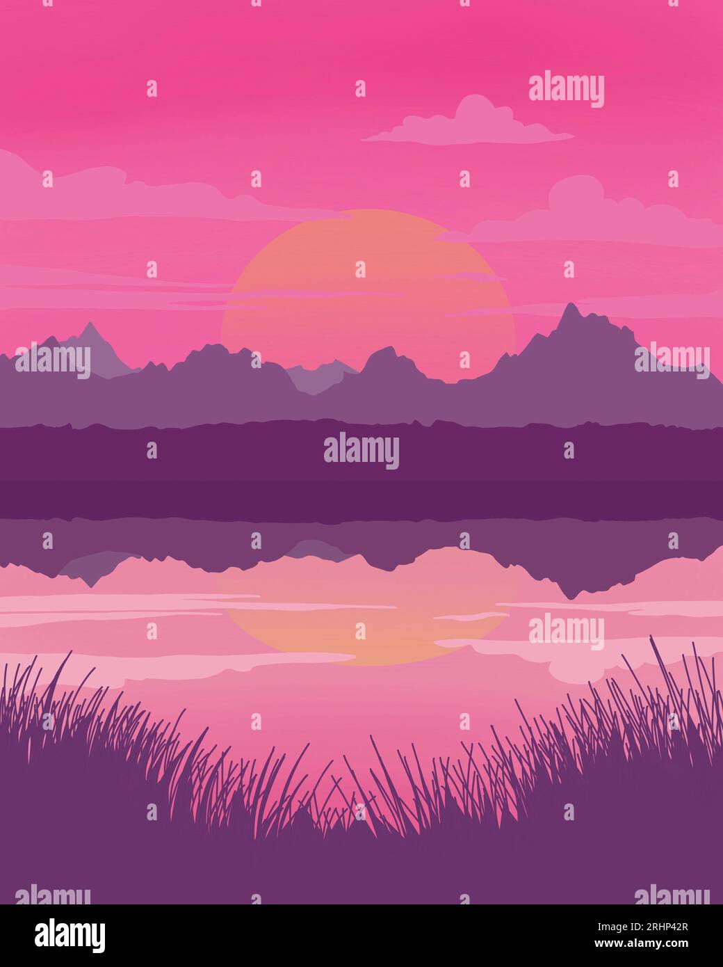 Cartoon drawing of the mountain and sun reflecting in the river at dawn ...