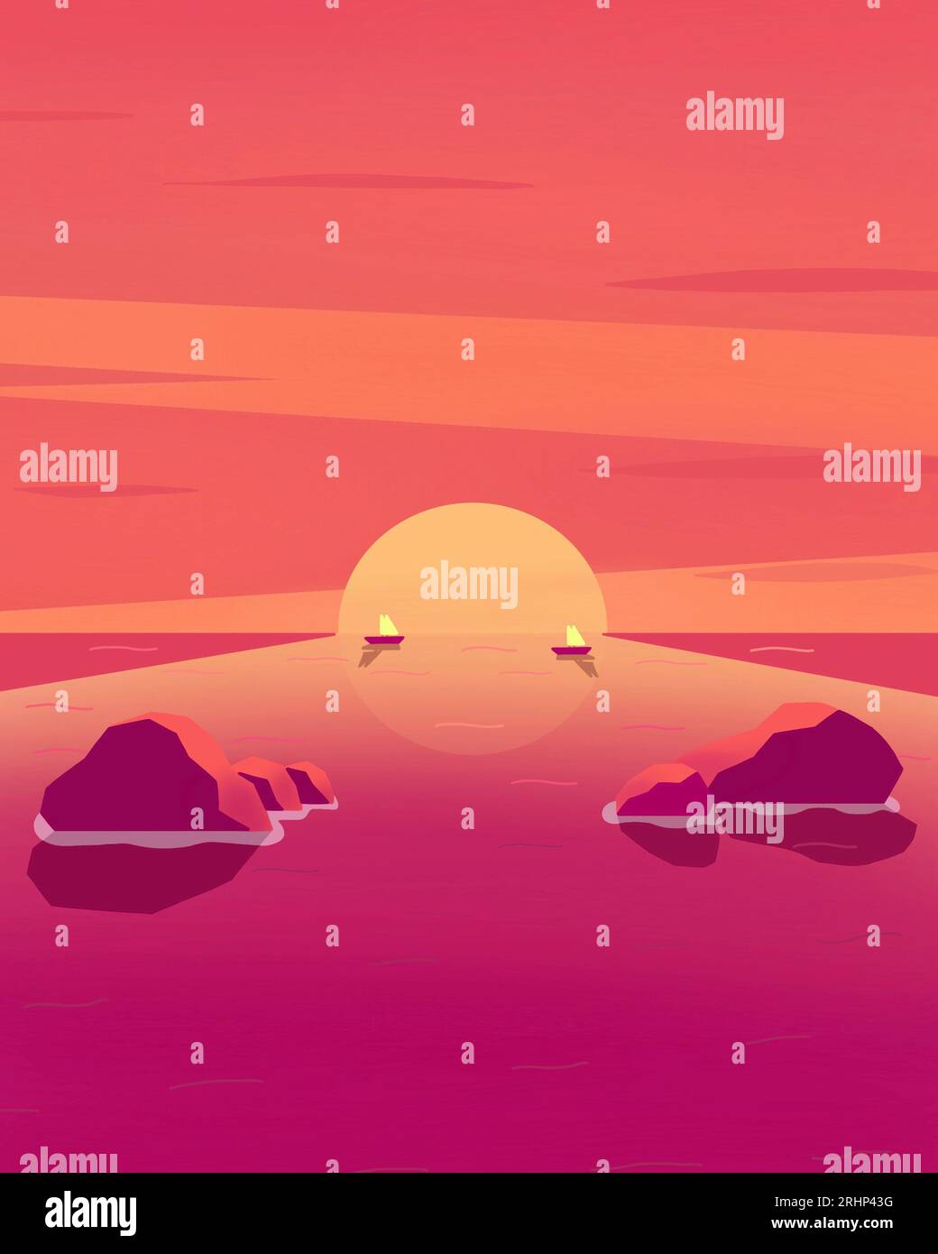 Cartoon drawing of rocks shadowing from the sun rising on the ocean ...