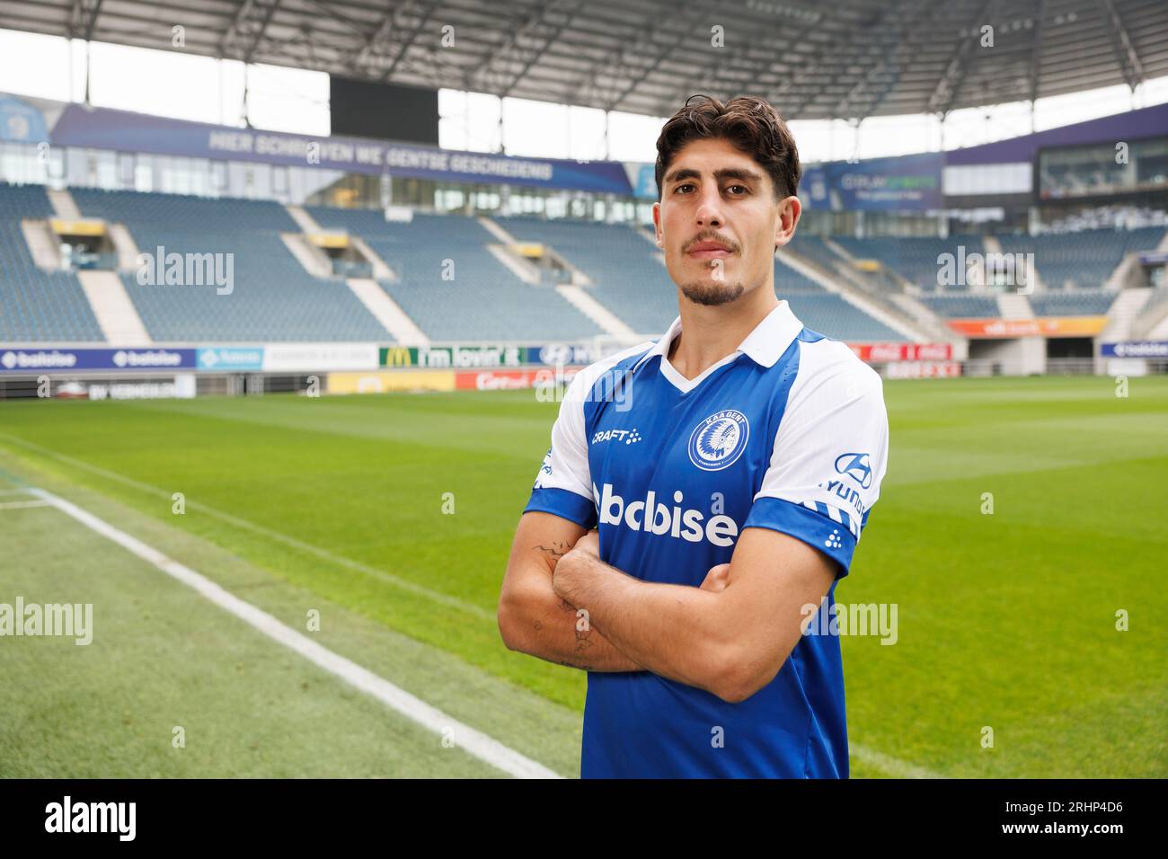 Gent, Belgium. 18th Aug, 2023. Gent's new player Omri Gandelman poses after signing a contract ...