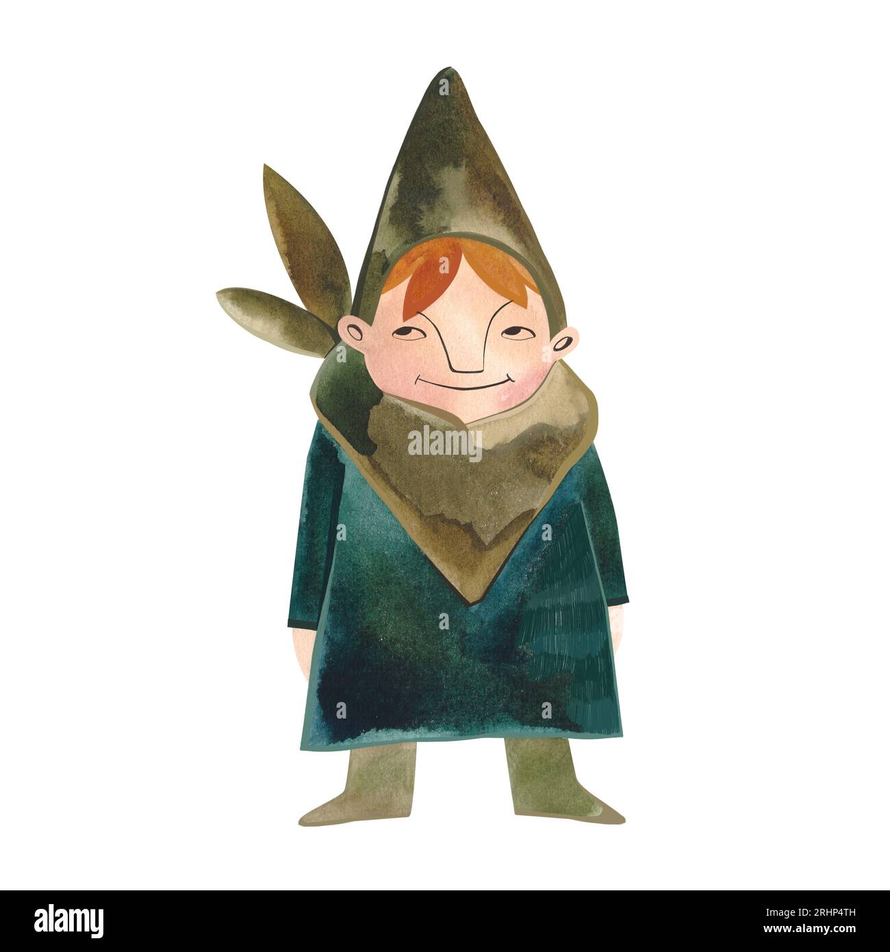Watercolor young ginger gnome in green costume. Isolated illustration ...