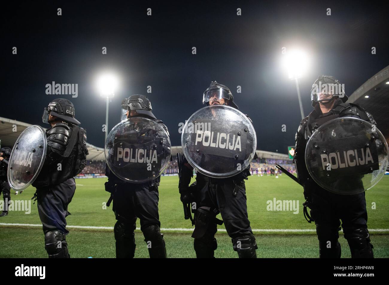 Riot police stand on guard during the UEFA Europa Conference League 3rd ...