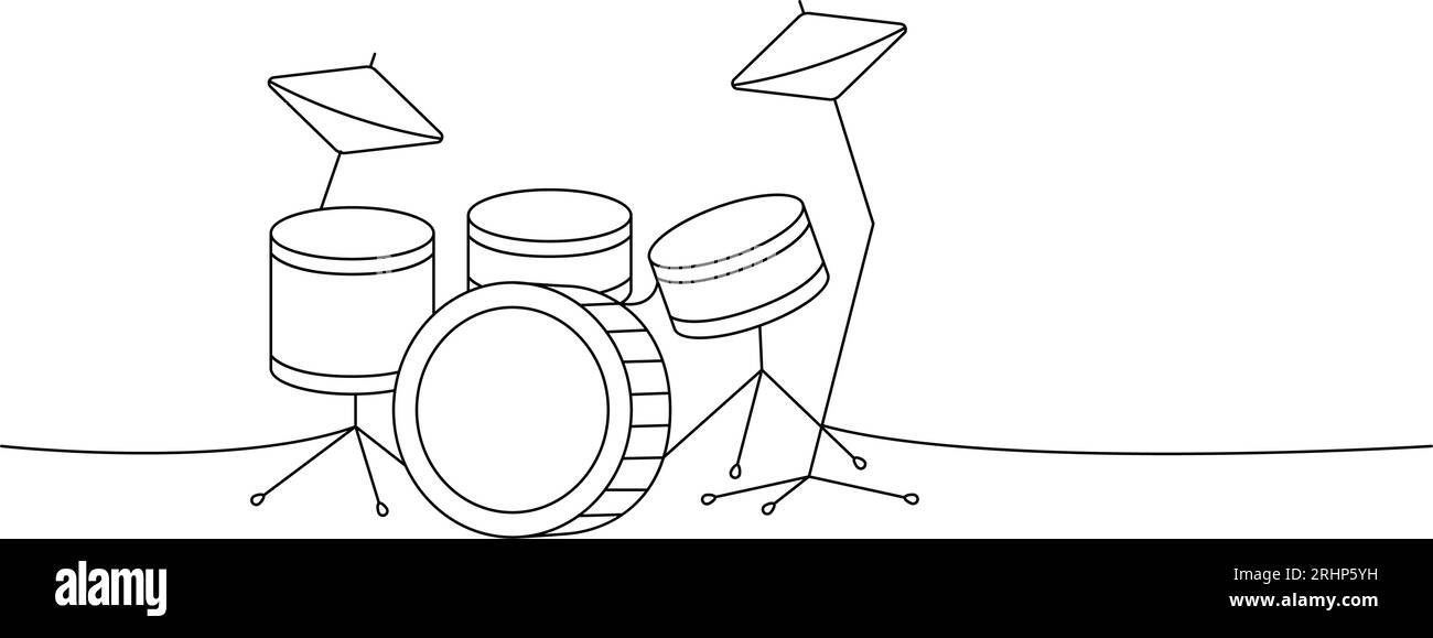 Drum kit one line continuous drawing. Musical instruments continuous ...