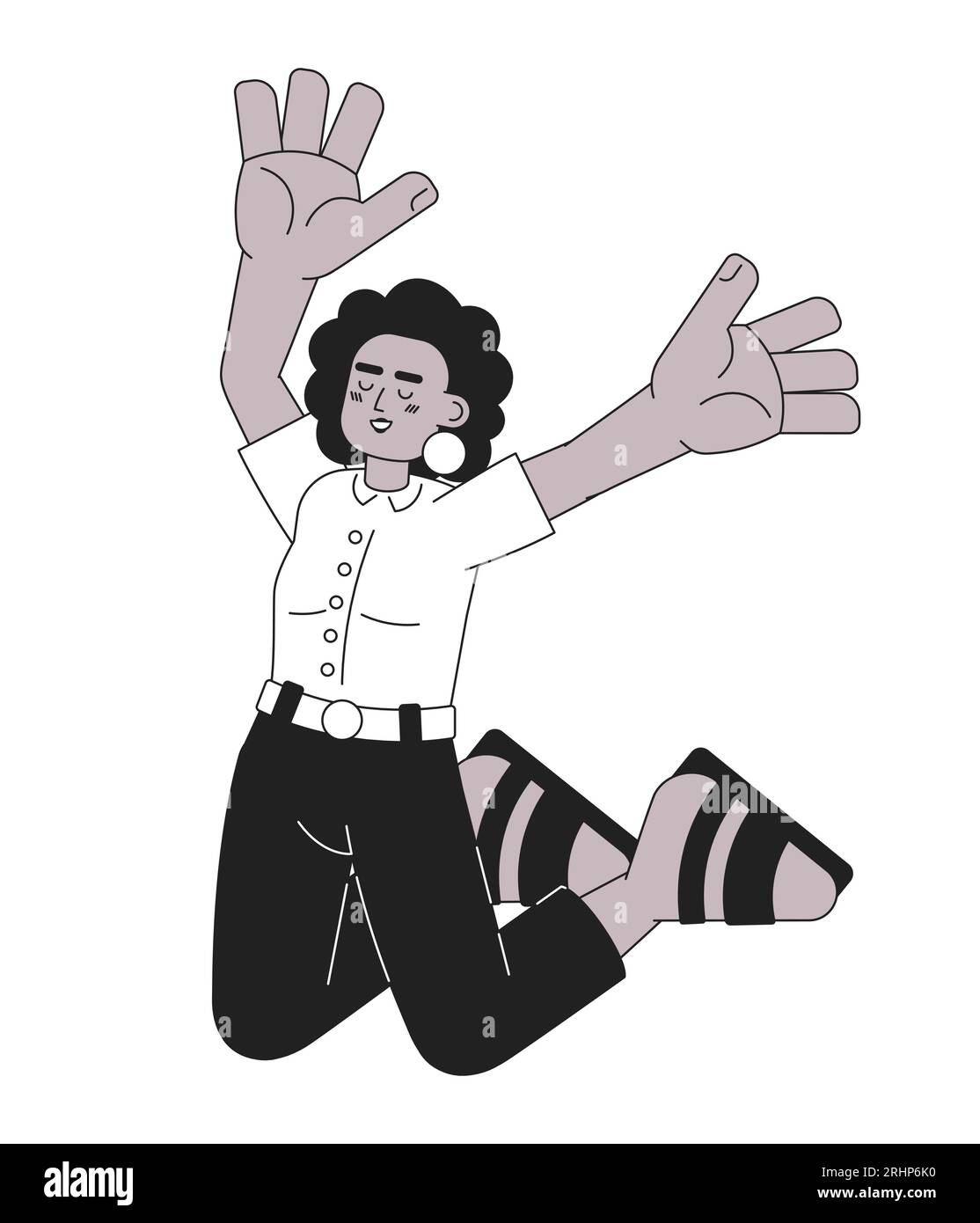 Ecstatic woman high up jumping monochromatic flat vector character ...