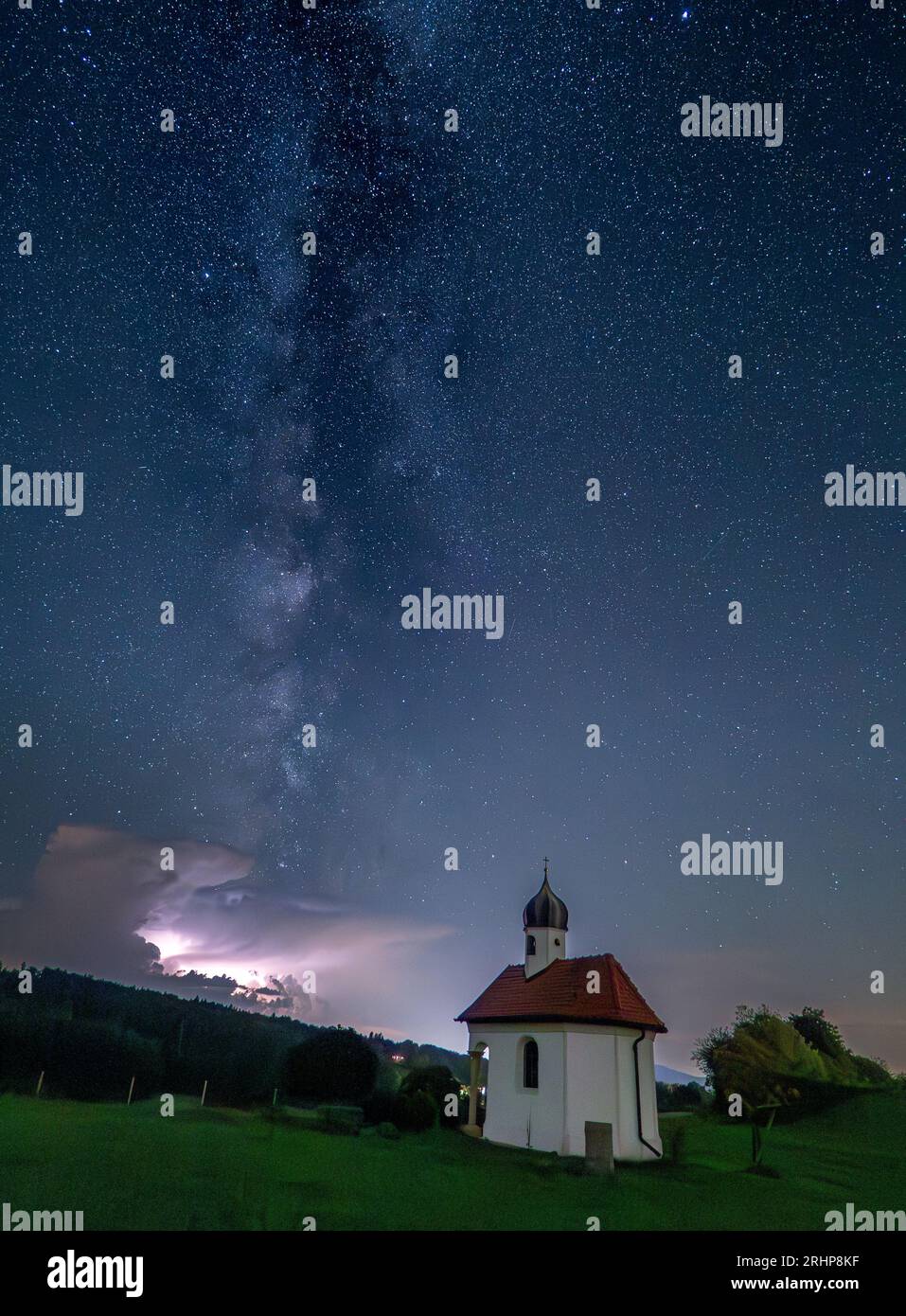 Night sky with Milky Way over a chapel in Upper Bavaria, Bavaria ...