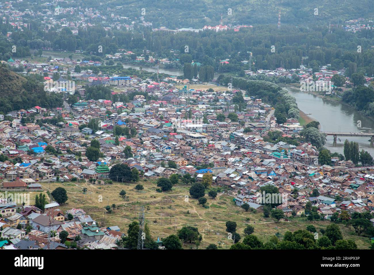Aerial view of residential houses and River Jhelum at Baramulla some ...