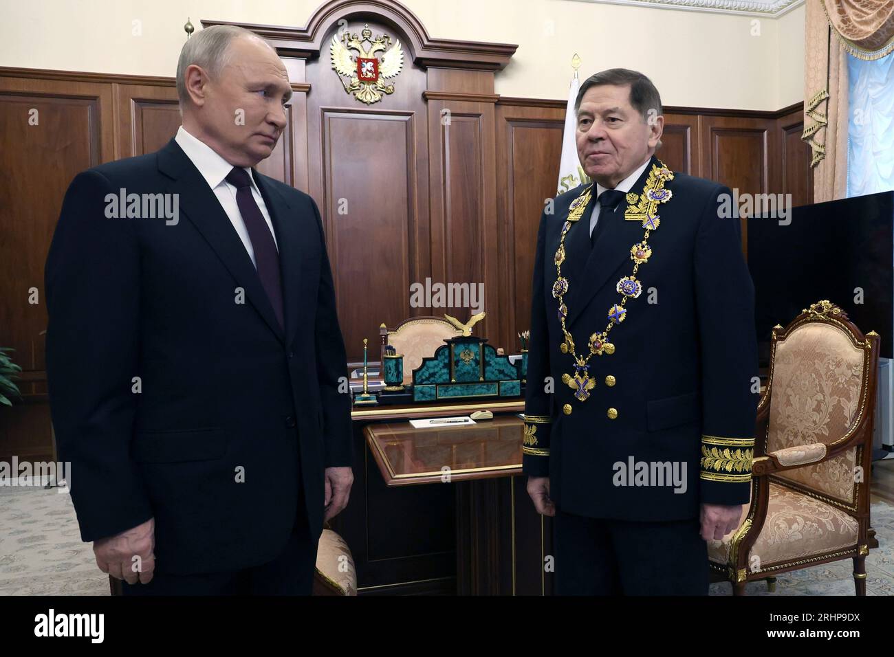 Russian President Vladimir Putin, left, and chairman of the Supreme Court Vyacheslav Lebedev ...