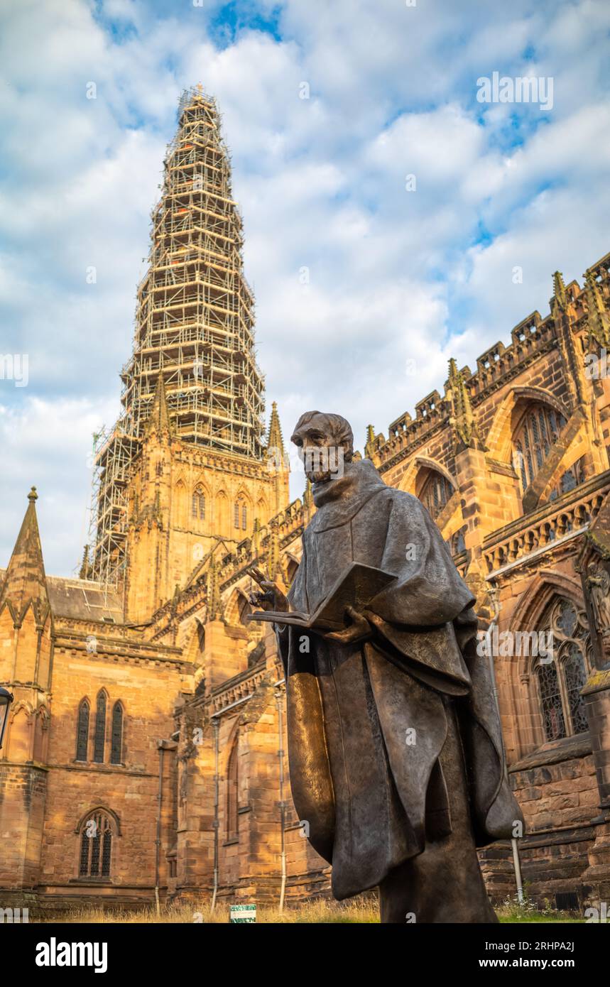 The bronze statue of St Chad outside Lichfield Cathedral in ...