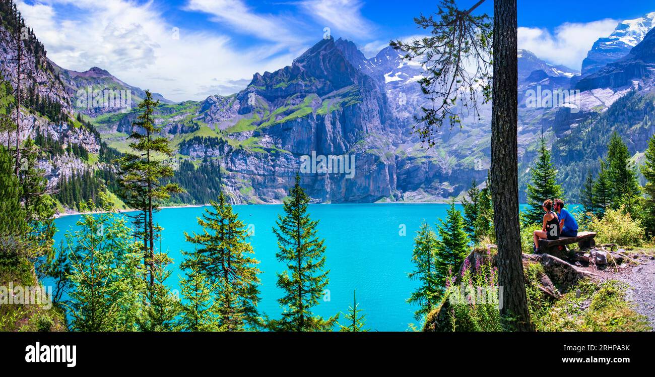 Idyllic swiss mountain lake Oeschinensee (Oeschinen) with turquise ...