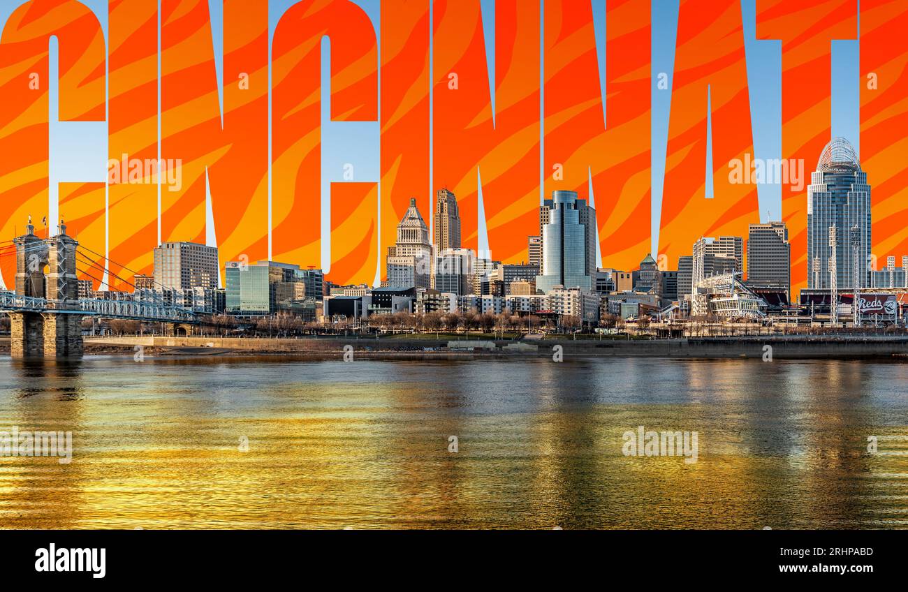 Cincinnati game day skyline bengal tiger print lettering Stock Photo ...