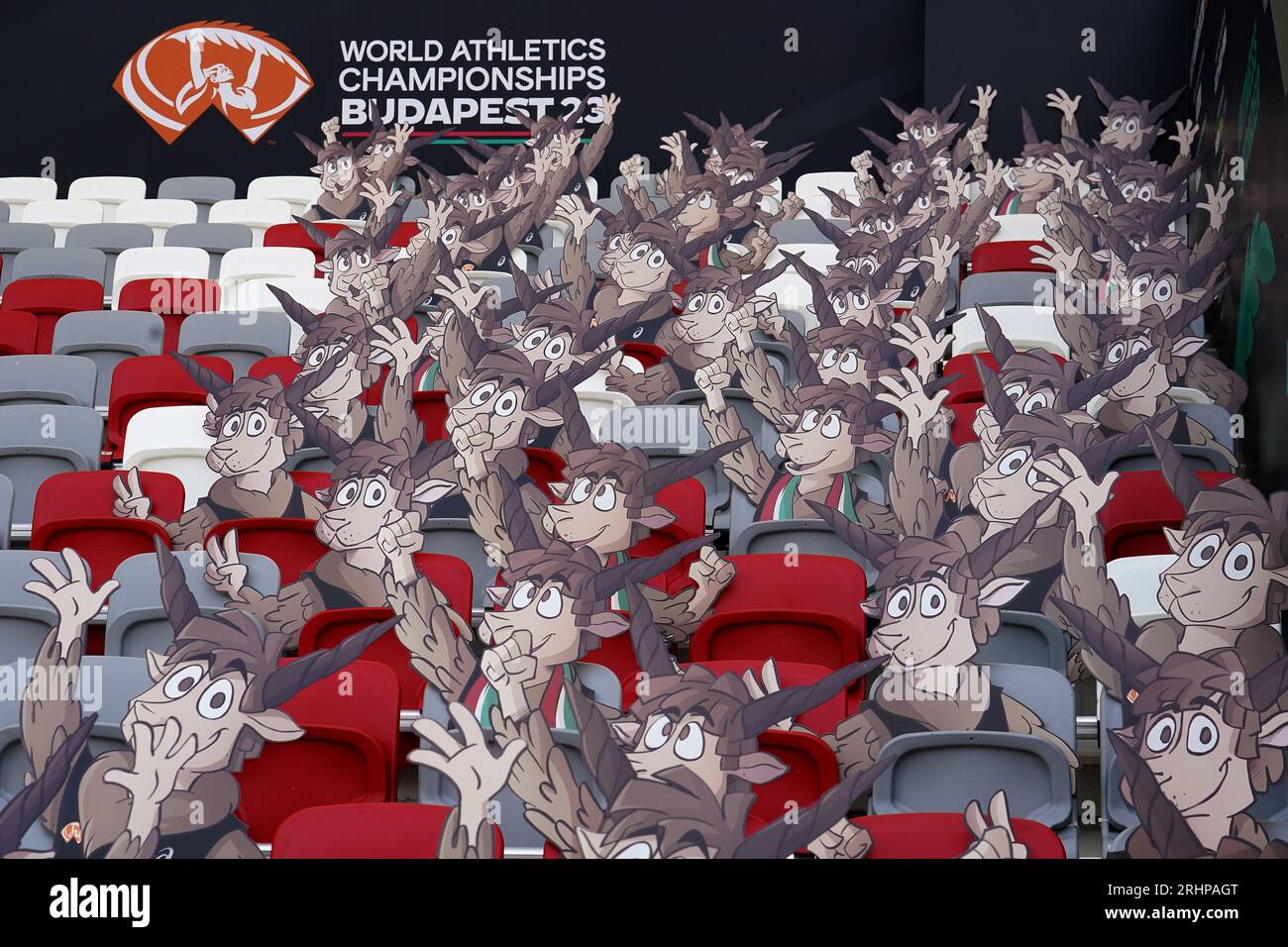 Cardboard cutouts of Budapest 2023 mascot Youhuu sit in seats of the ...