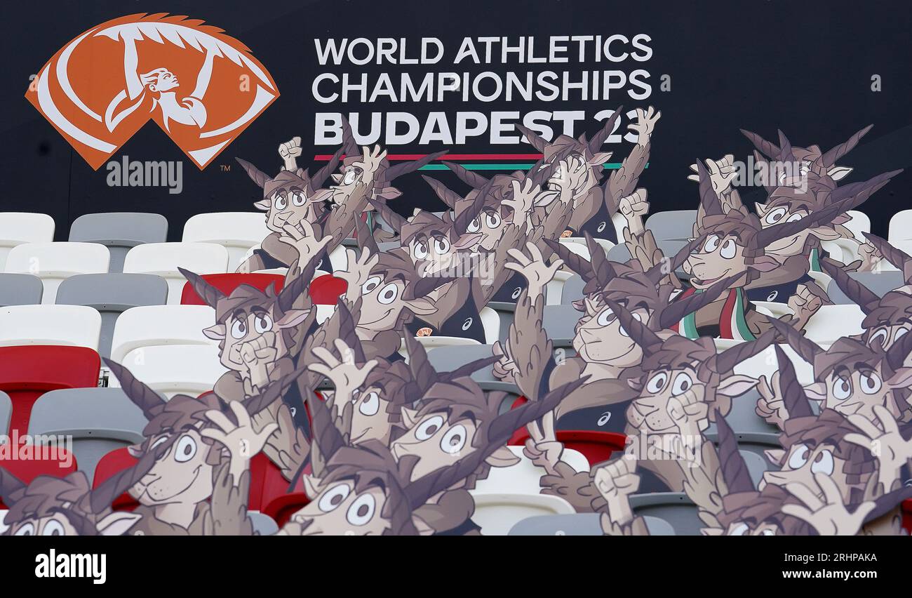 Cardboard cutouts of Budapest 2023 mascot Youhuu sit in seats of the ...