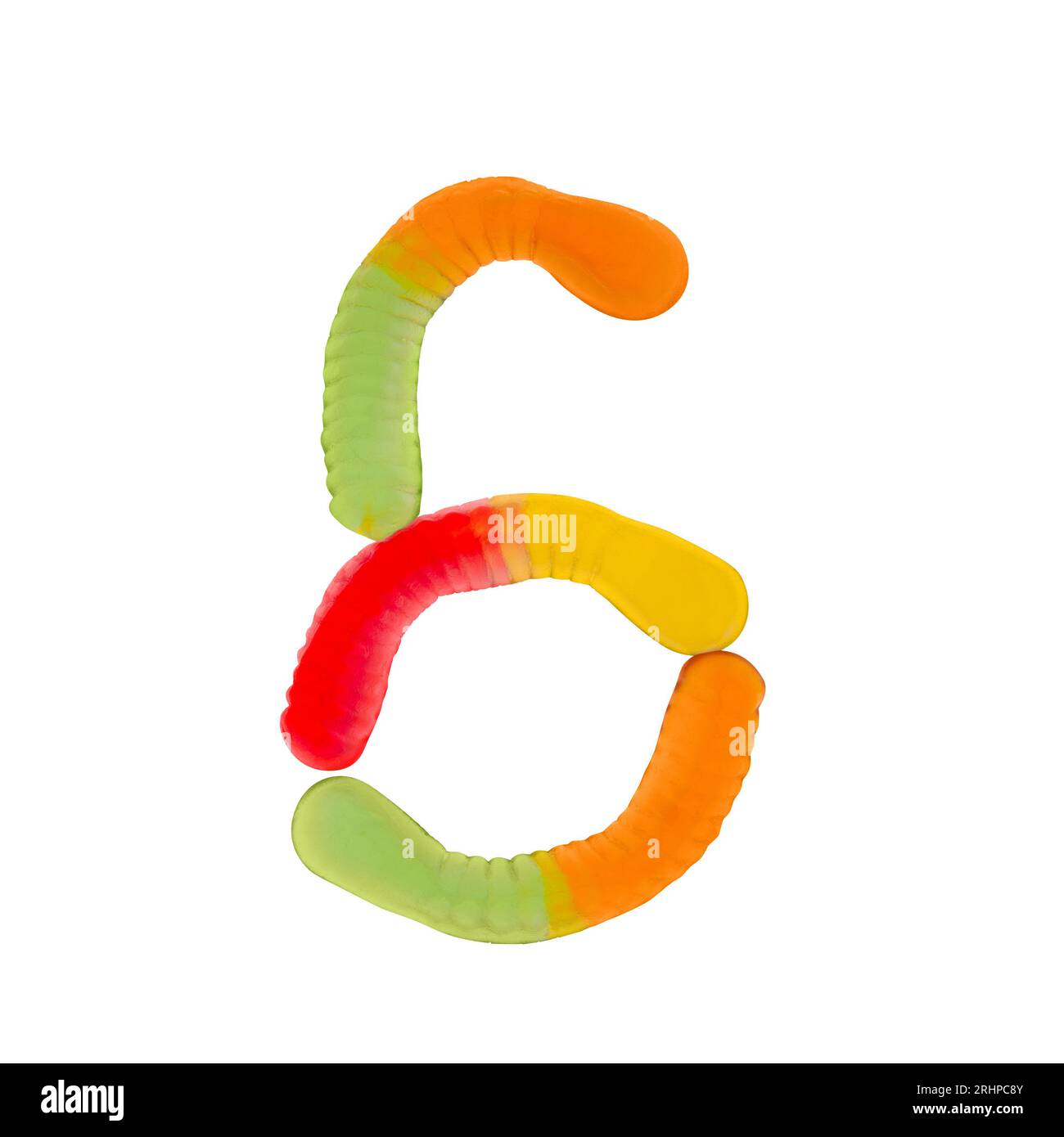 Number 6 made of gummi worms and isolated on pure white background ...