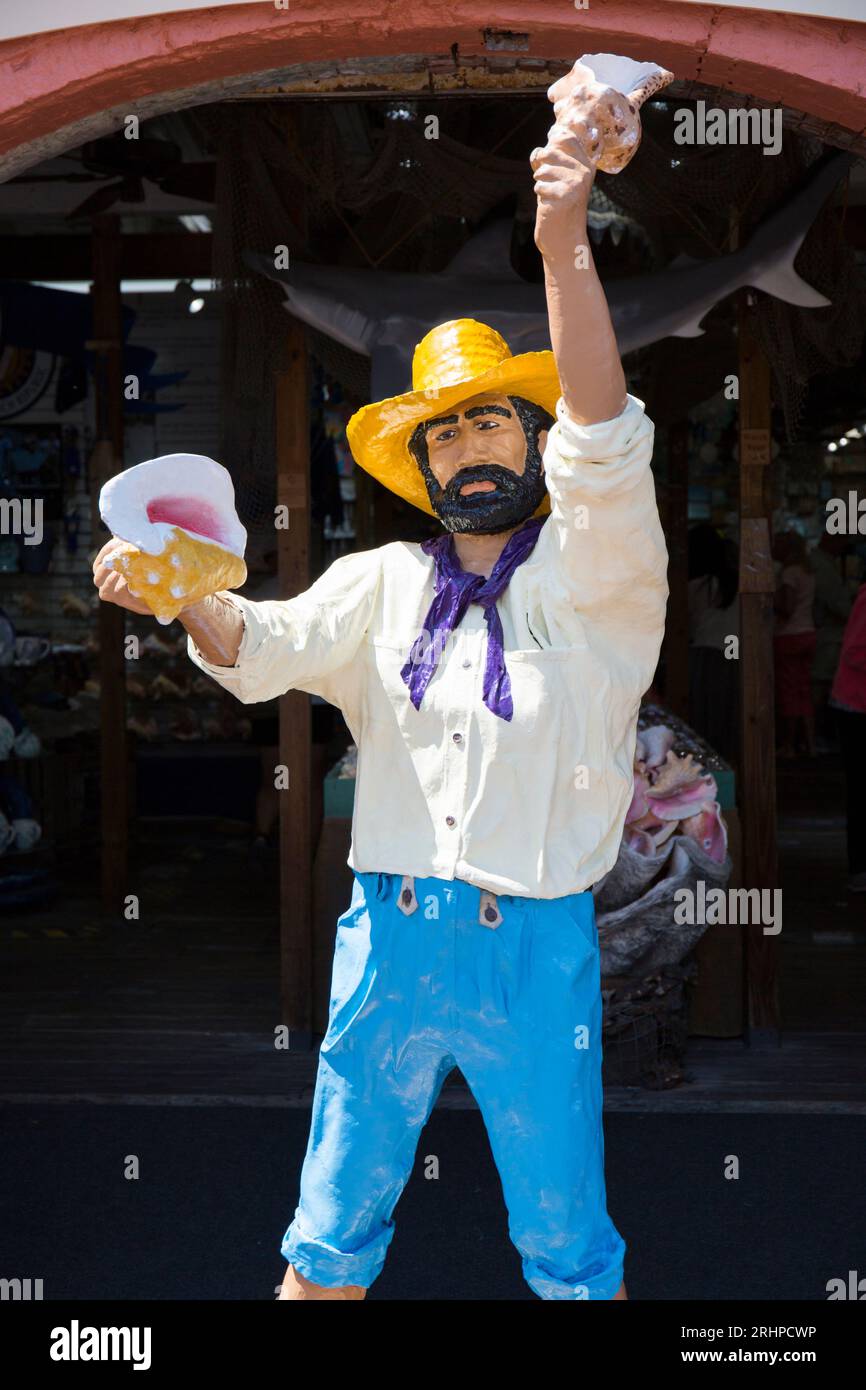 Key West, Florida, USA. Figure of a bearded man holding conch shells ...