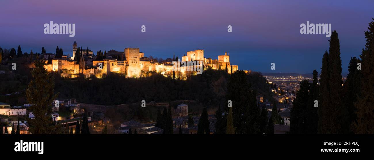 Spain, Andalusia, Granada, view of Alhambra at blue hour, panorama ...