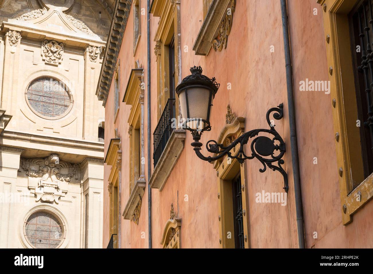 Spain, Andalusia, Granada, alley with lantern, behind it the cathedral ...