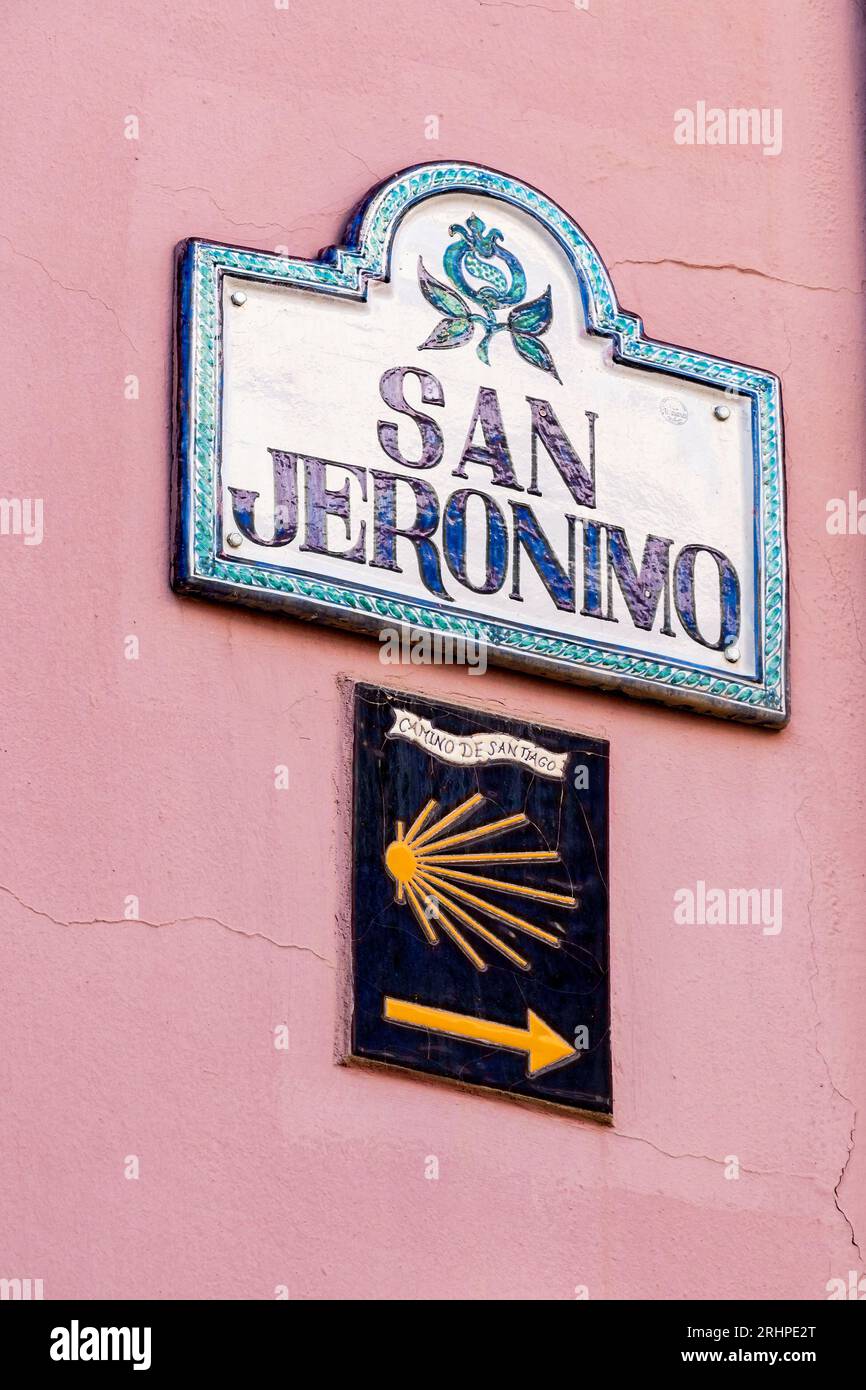 Spain, Andalusia, Granada, street sign 'San Jeronimo', pilgrimage route ...
