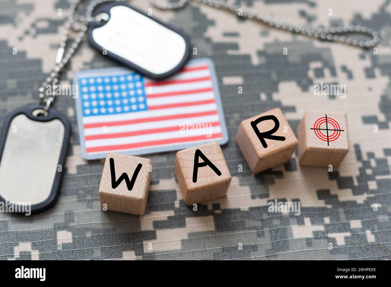 Military ID tags and US army patches on camouflage background, flat lay ...