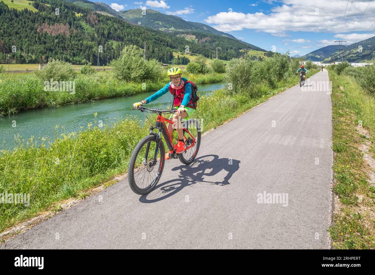 Austria, East Tyrol, Strassen, Puster valley, cycle path along the ...