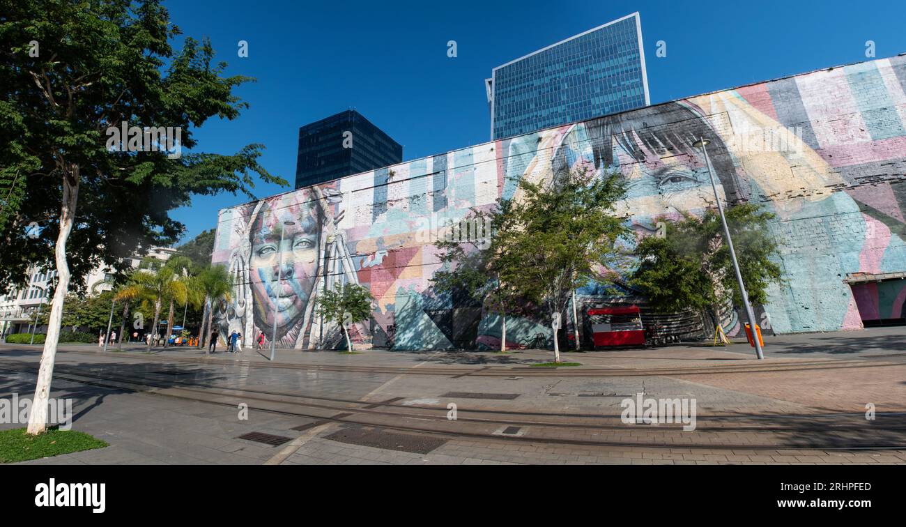 Rio de Janeiro, Brazil: city skyline with view of Mural das Etnias ...