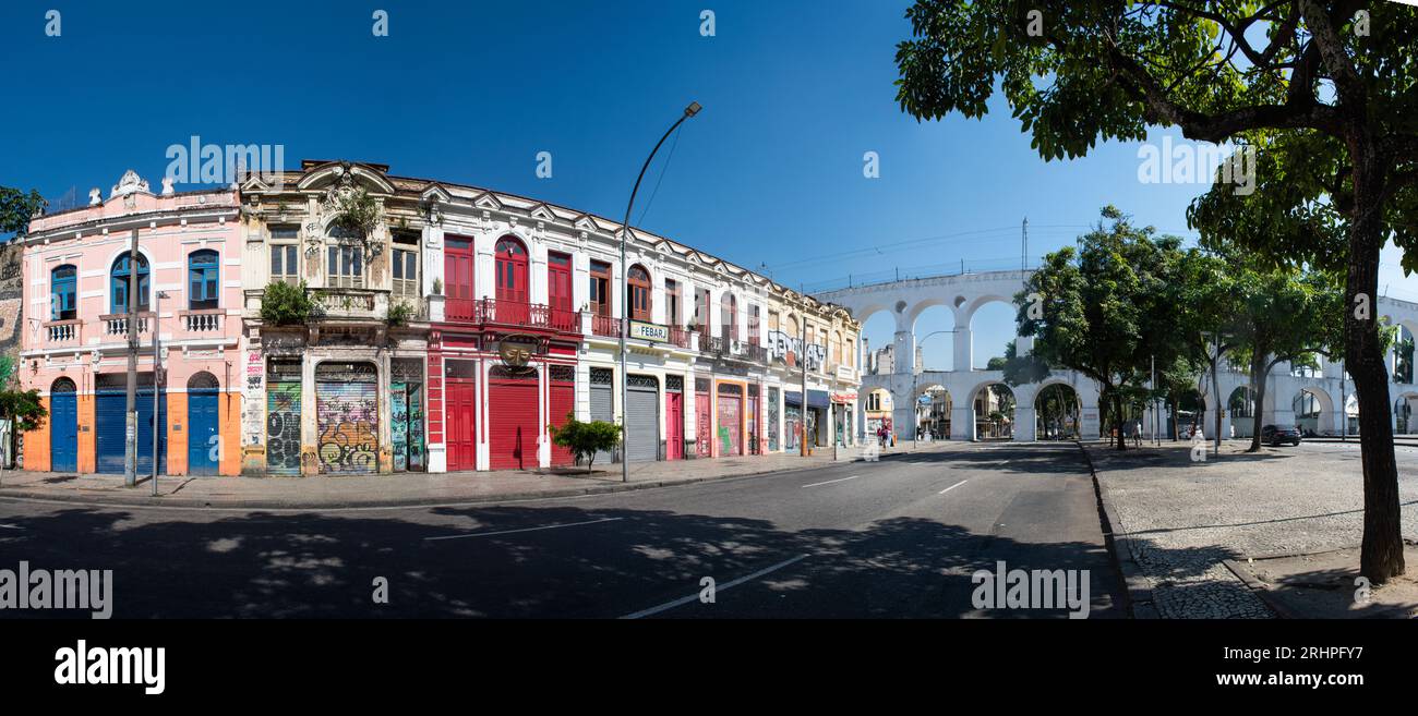 Rio de Janeiro, Brazil: skyline with the Carioca Aqueduct, famous Arcos ...