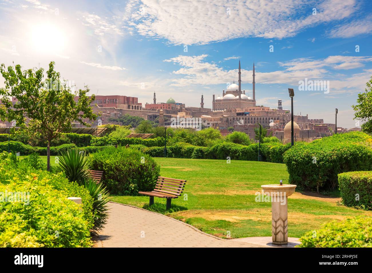 Beautiful park view on the Citadel and most famous Mosque of Cairo ...