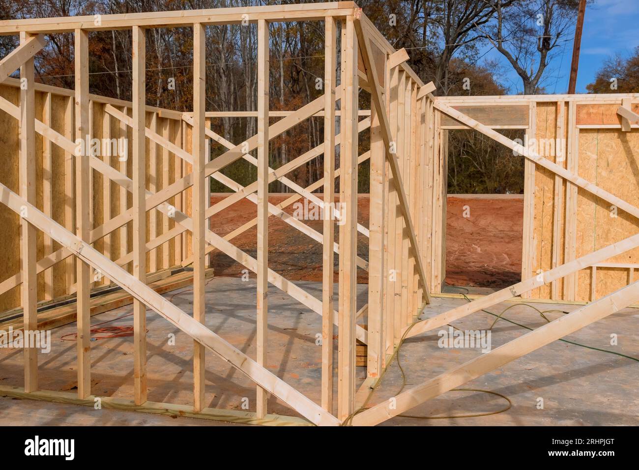 Support beams are being built for structure of house with wooden ...