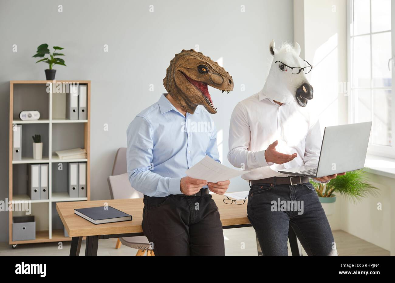 Two funny business people in animal masks using laptop computer at work ...