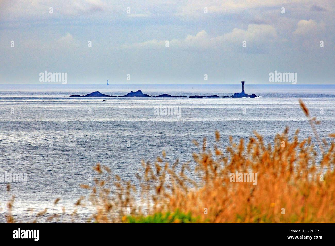 Two rock lighthouses - Longships (R) and Wolf Rock (L) viewed from Cape ...