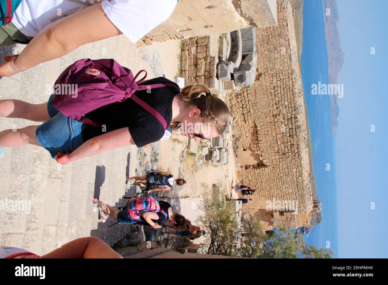 Greece, Dodecanese, Rhodes Island, coast, Lindos, castle mountain, St ...