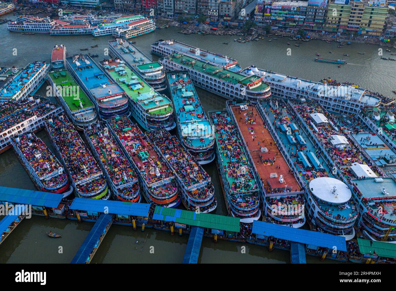 Aerial view of the Sadarghat Launch Terminal in Old Dhaka that shows the desperate homebound ...