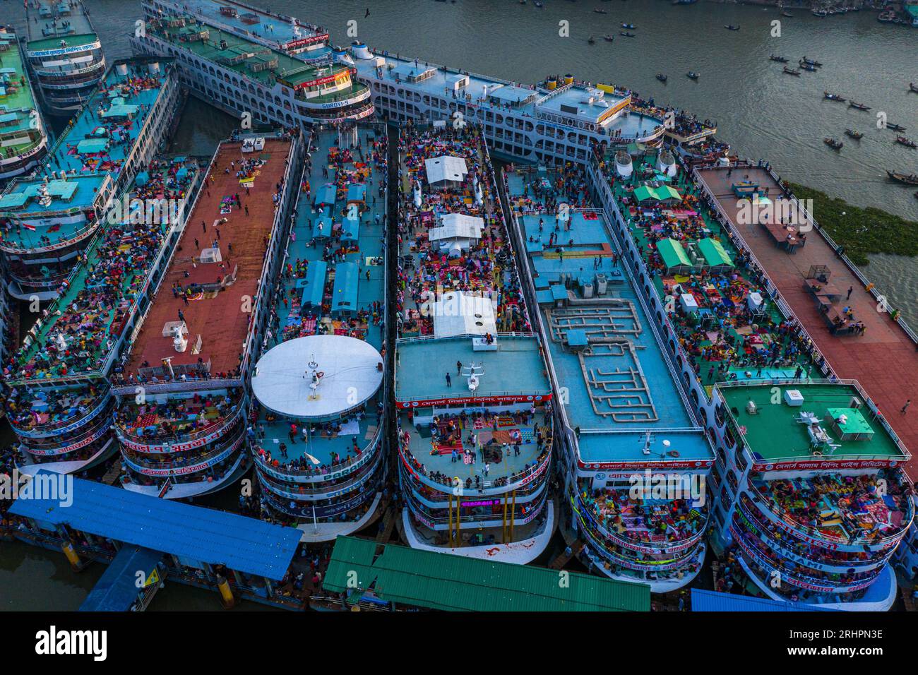 Aerial view of the Sadarghat Launch Terminal in Old Dhaka that shows the desperate homebound ...