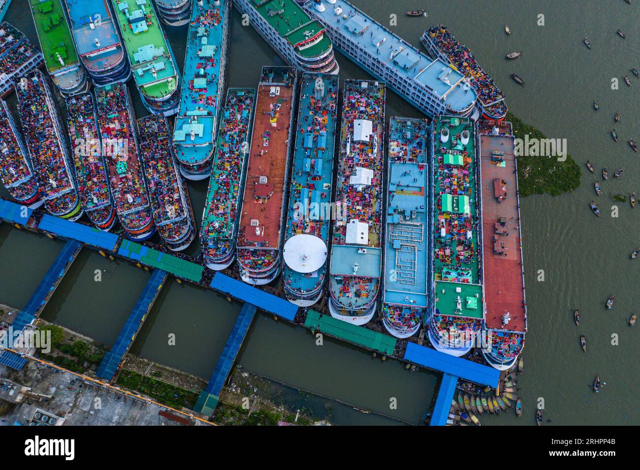 Aerial view of the Sadarghat Launch Terminal in Old Dhaka that shows the desperate homebound ...