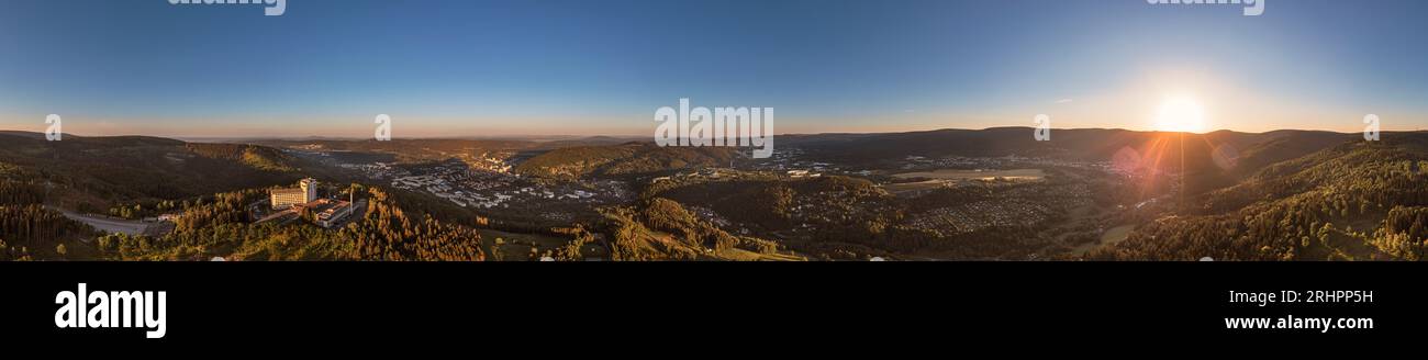 Germany, Thuringia, Suhl, hotel, mountain, city in background, morning ...