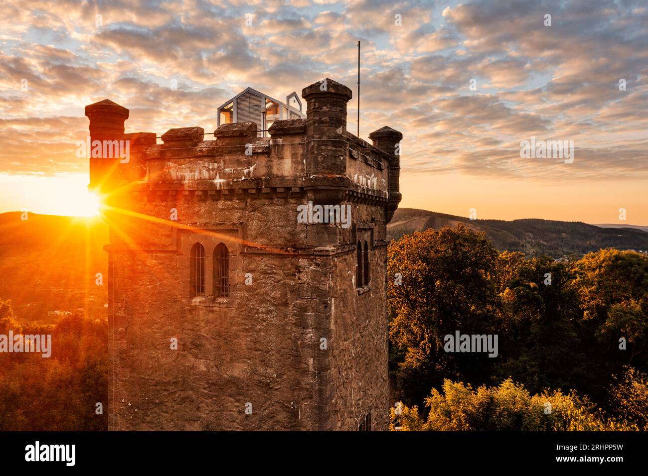 Germany, Thuringia, Suhl, sunrise next to Domberg tower, forest, back ...