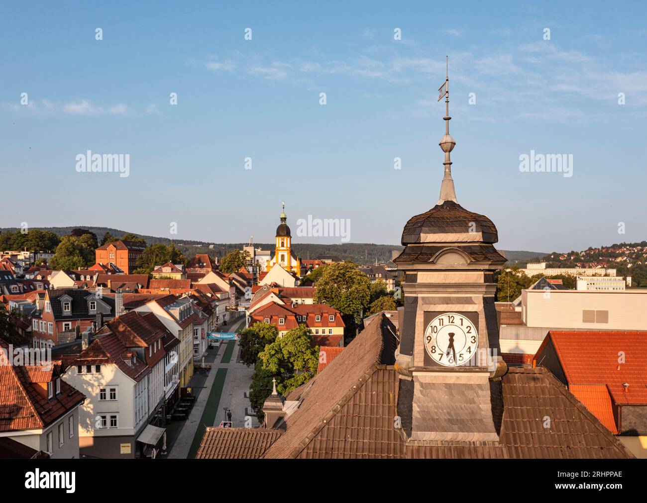 Germany, Thuringia, Suhl, clock tower and weather vane of the old city ...