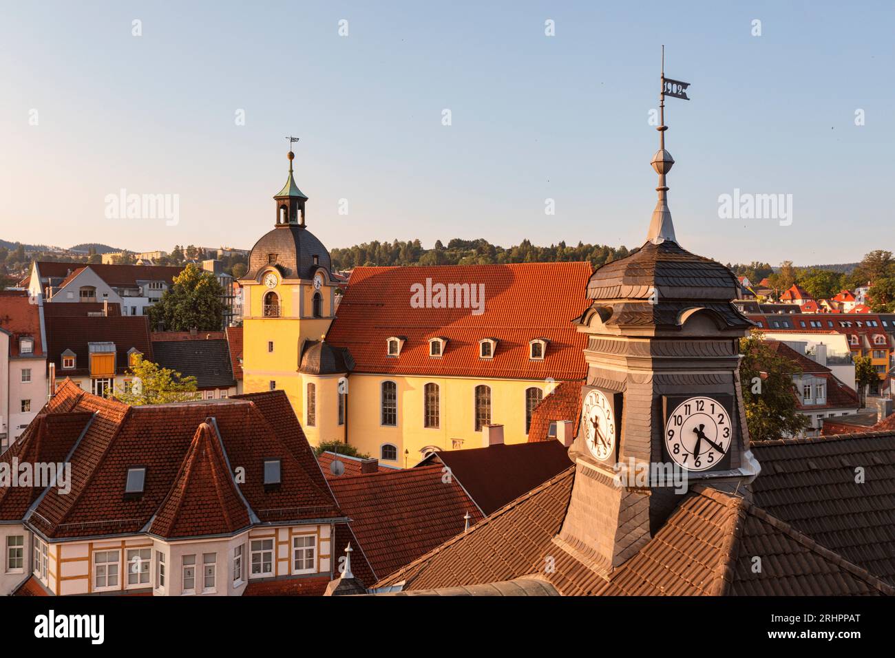 Germany, Thuringia, Suhl, clock tower and weather vane of the old town ...