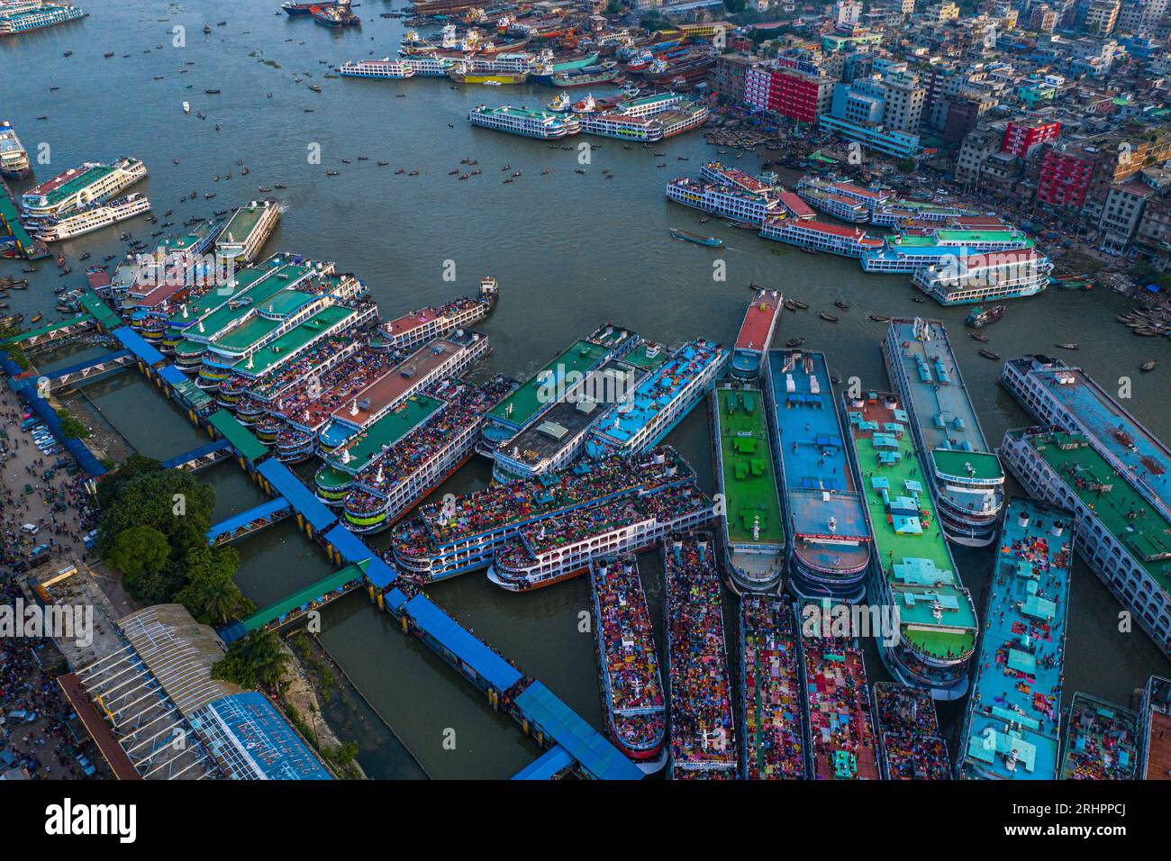 Aerial view of the Sadarghat Launch Terminal in Old Dhaka that shows the desperate homebound ...