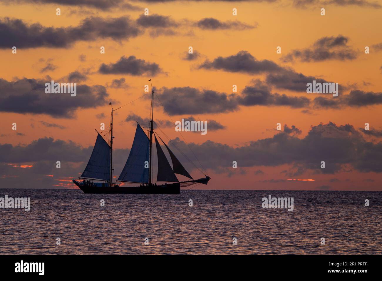 Hiddensee near monastery, sailing ship at sunset, Mecklenburg-Western ...