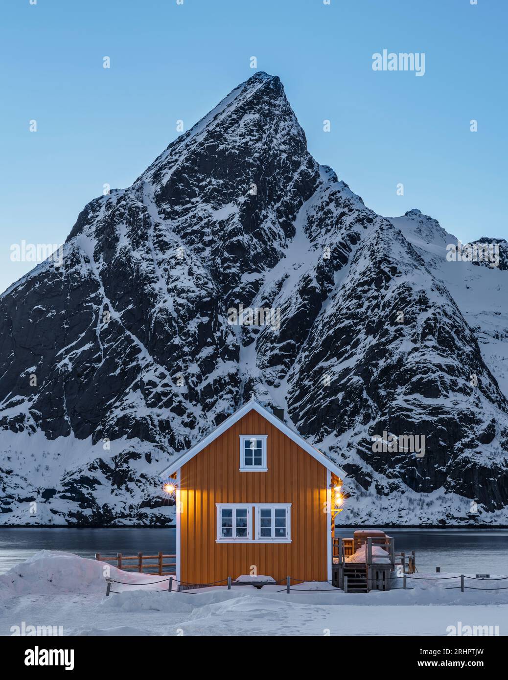 Yellow house, Sakrisoy, Lofoten, Norway, winter Stock Photo - Alamy