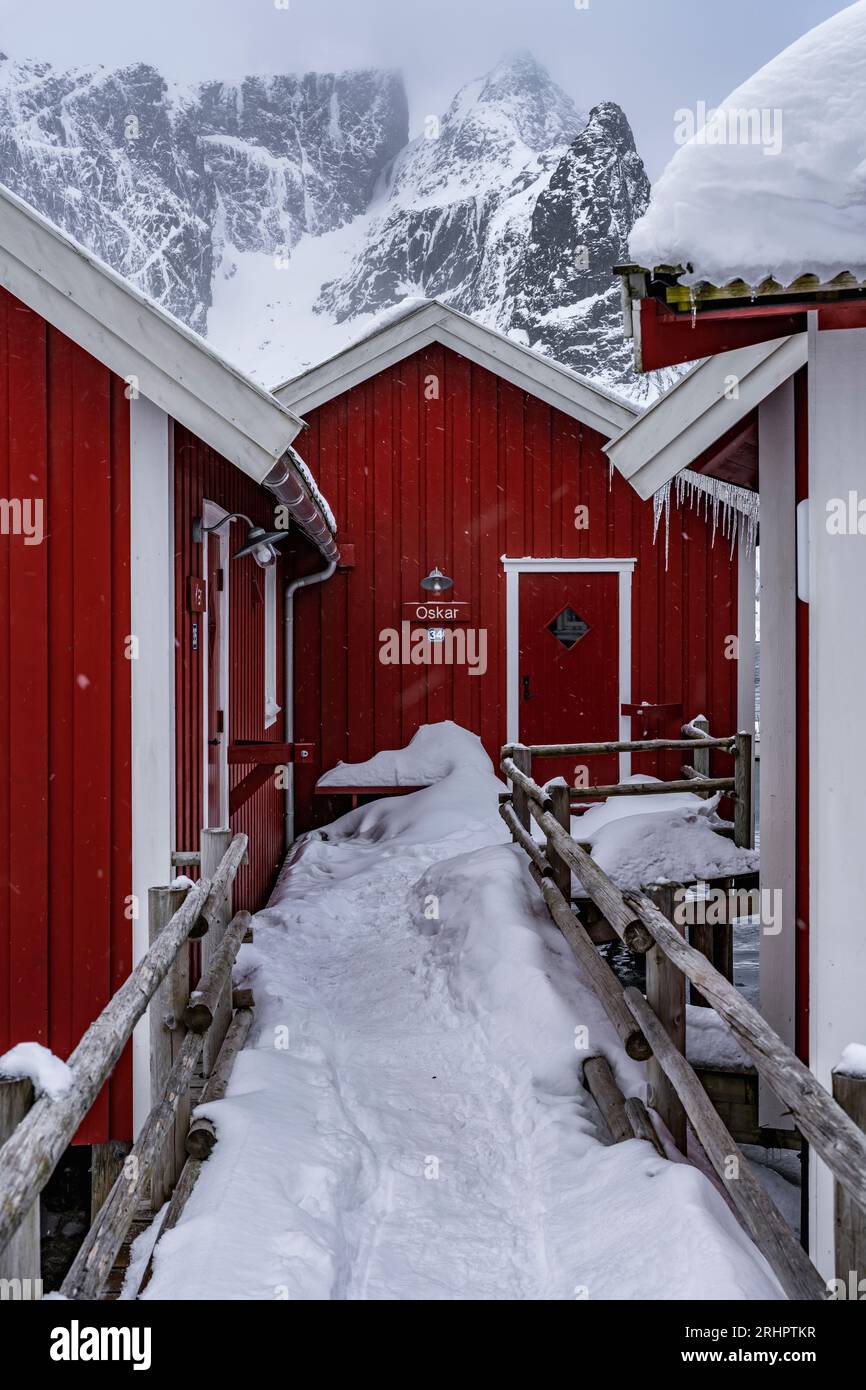 Red houses, Reine, Lofoten, Norway, winter Stock Photo - Alamy