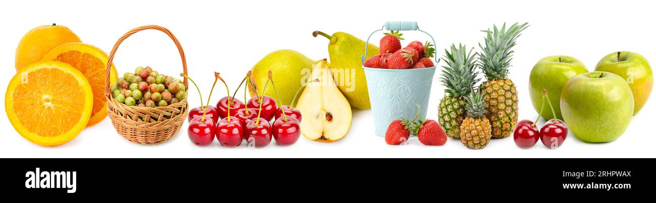 Collection fruits isolated on white background. Panoramic collage. Wide ...
