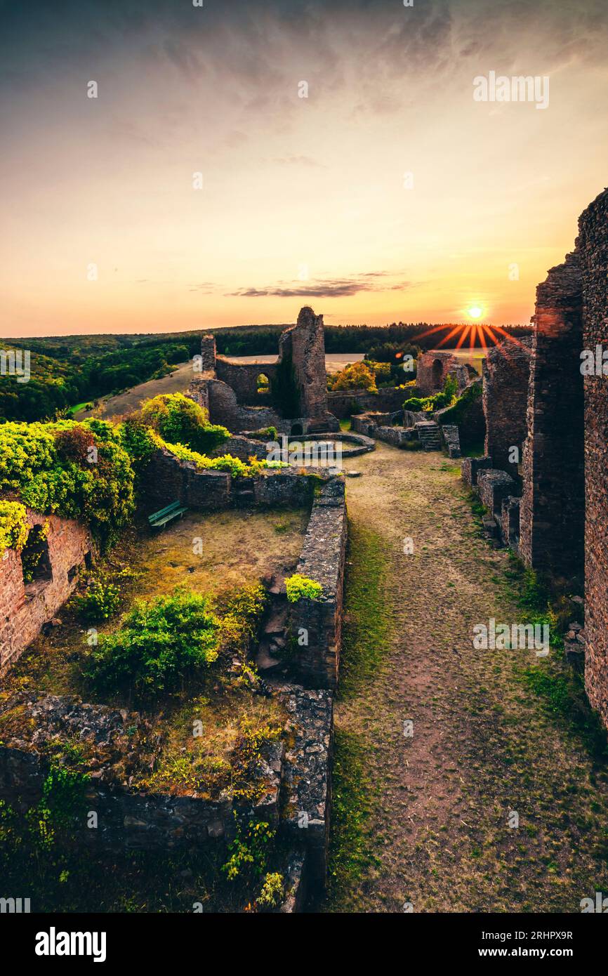 Sunset on the historic walls, castle ruins in a romantic atmosphere ...