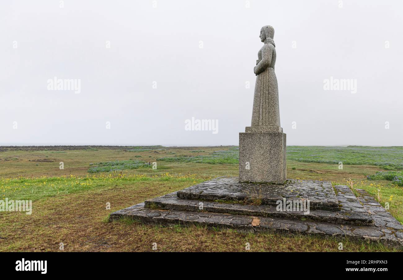 South coast of Iceland in early summer 2021, Landsyn statue at ...