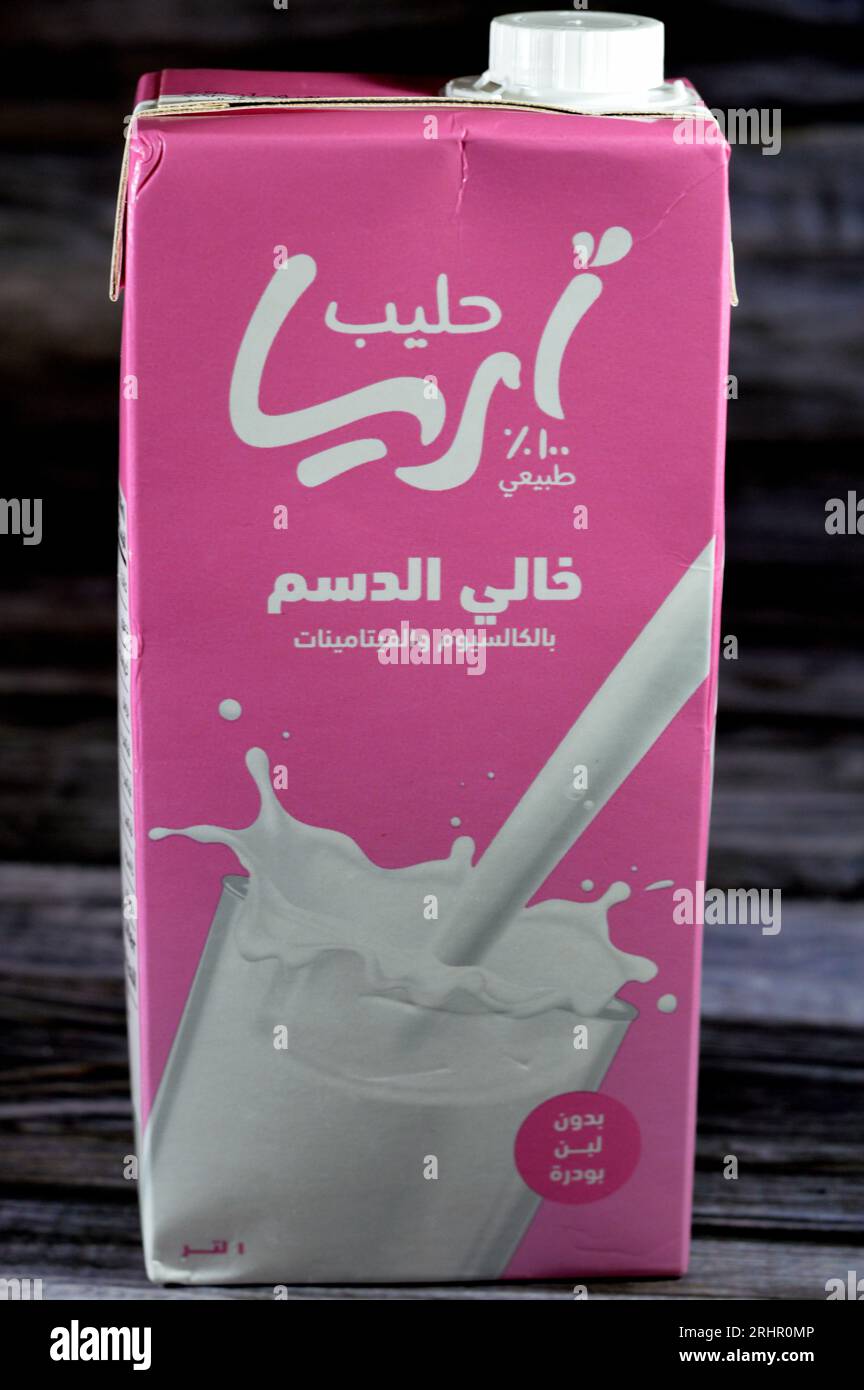 Cairo, Egypt, July 25 2023: Aria skimmed fresh cow's milk carton bottle ...