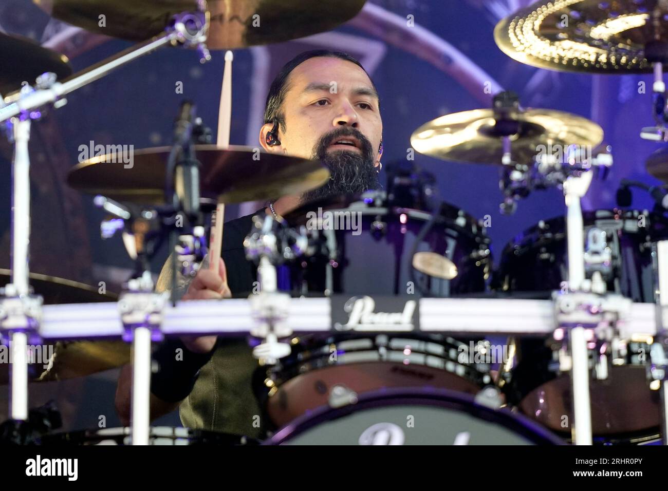 Jocke Wallgren, of the band Amon Amarth, performs on Tuesday, Aug. 15 ...