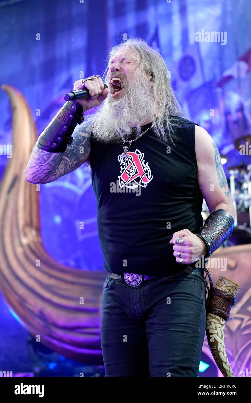 Johan Hegg, of the band Amon Amarth, performs on Tuesday, Aug. 15, 2023, at the Huntington Bank ...