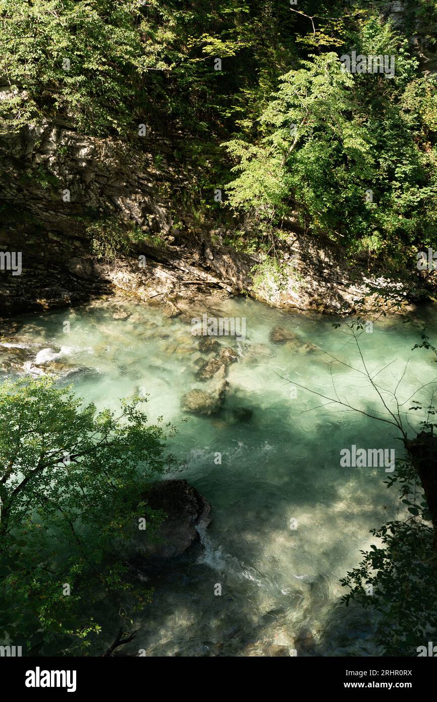 Vintgar Gorge with the Radovna River and waterfall in the Triglav ...