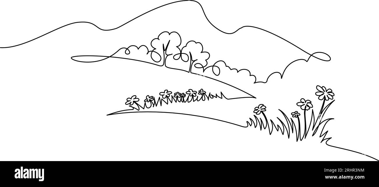 Landscape with flowers trees and mountains. Single one line drawing ...