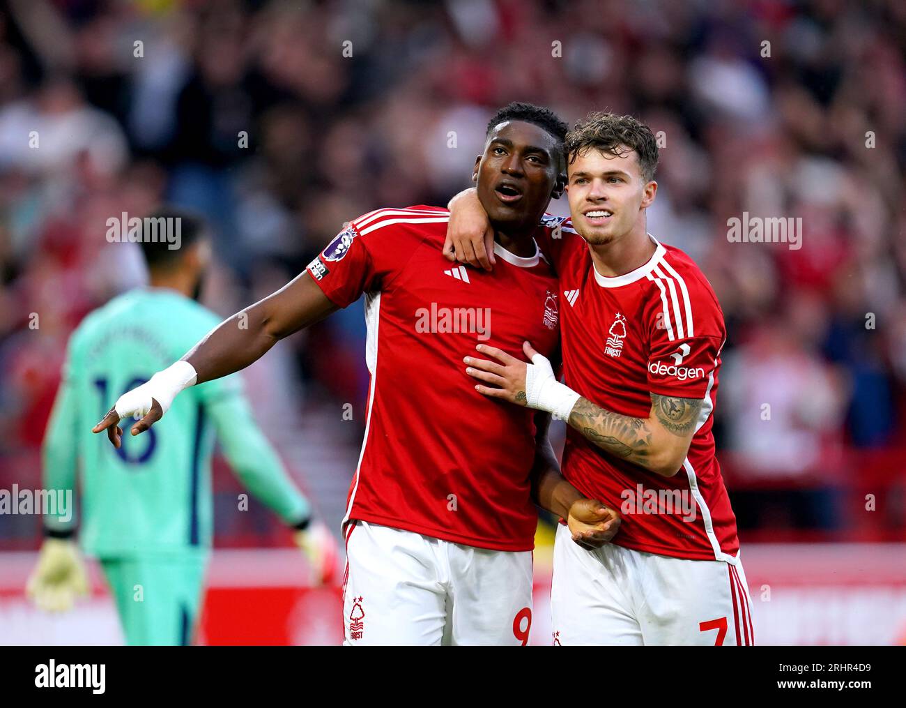 Nottingham Forest's Taiwo Awoniyi (left) celebrates with team-mate Neco ...