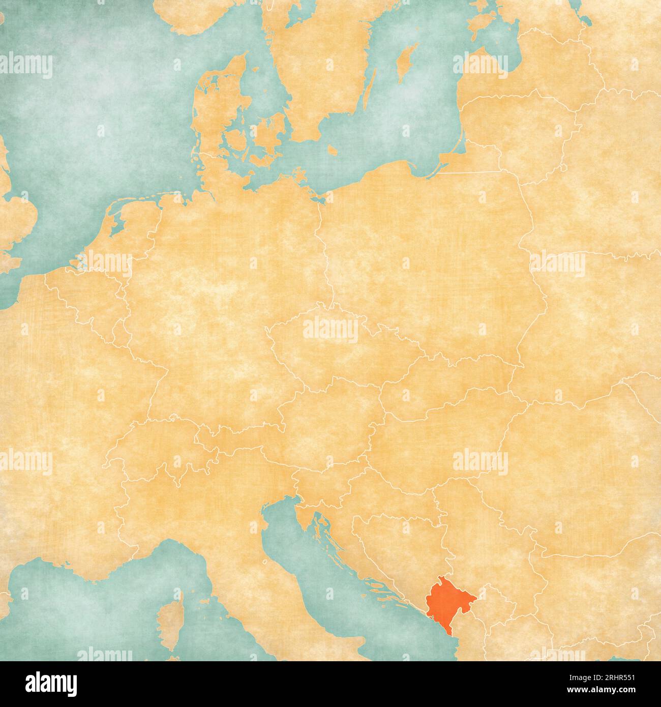 Montenegro on the map of Central Europe in soft grunge and vintage ...